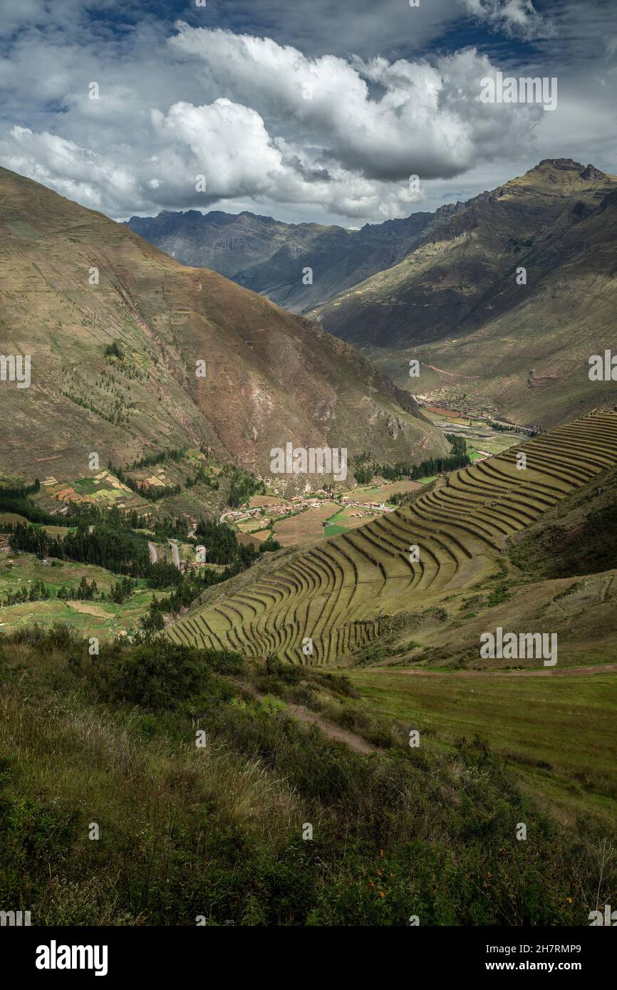 Agricultural terraces, Pisac Inca Ruins, and surrounding landscape ...
