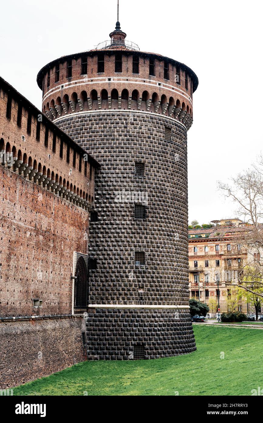 Round stone tower of Castello Sforzesco. Milan, Italy Stock Photo - Alamy