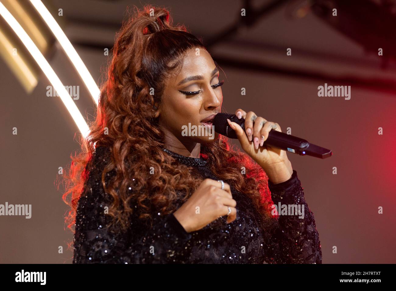 EDITORIAL USE ONLY Singer Alexandra Burke performing at the launch of ...