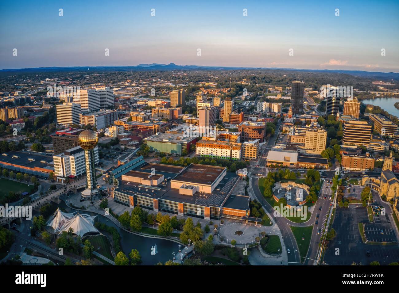 Aerial view of Knoxville with dense buildings under a clear sky in ...