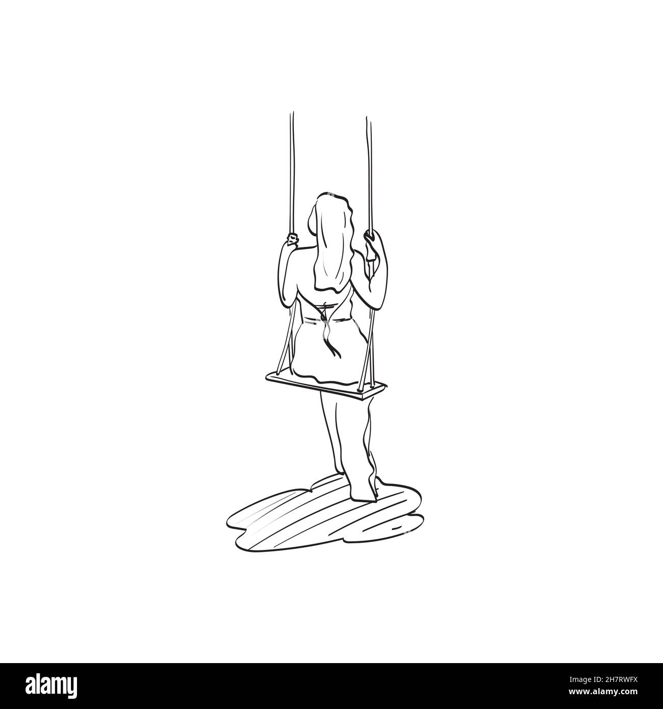 back view of young woman with dress on a swing illustration vector ...