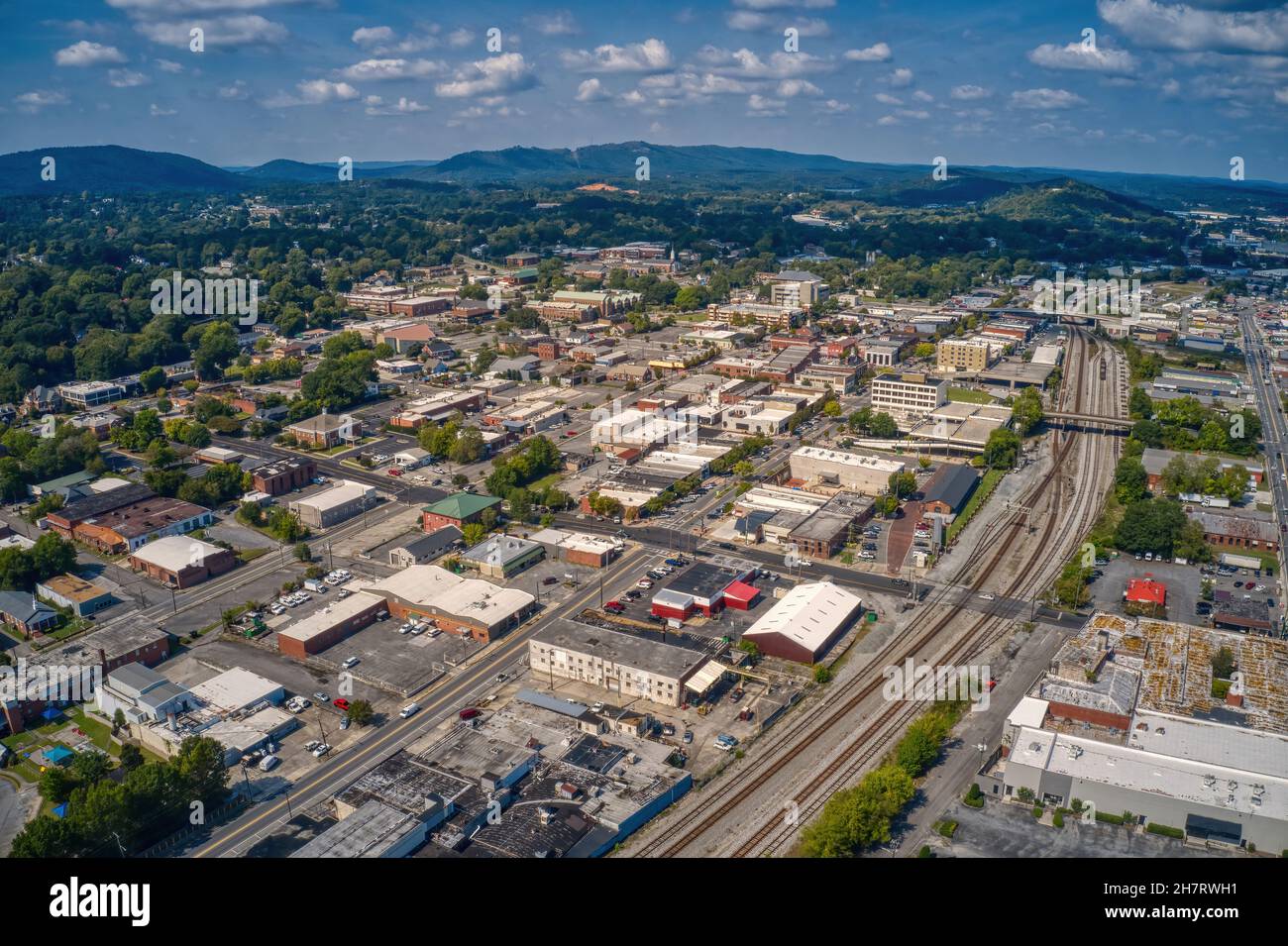 Aerial view of Downtown of Dalton under a blue sky with tiny clouds in ...
