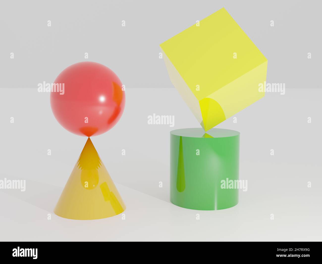 3d render of many a sphere, cone, cube and cylinder of different colors ...