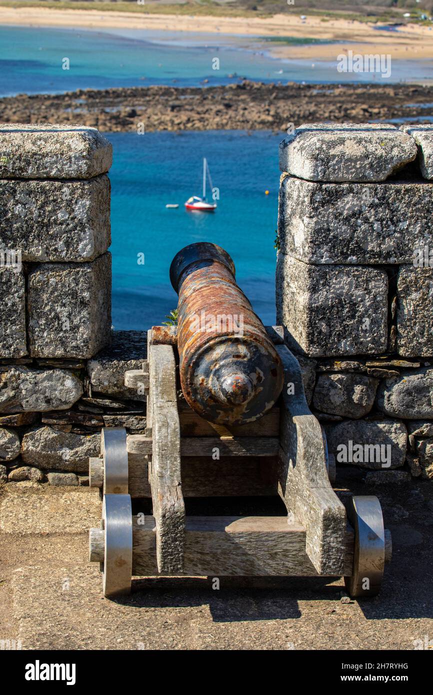 A cannon on the battlements of the castle on St. Michaels Mount in ...