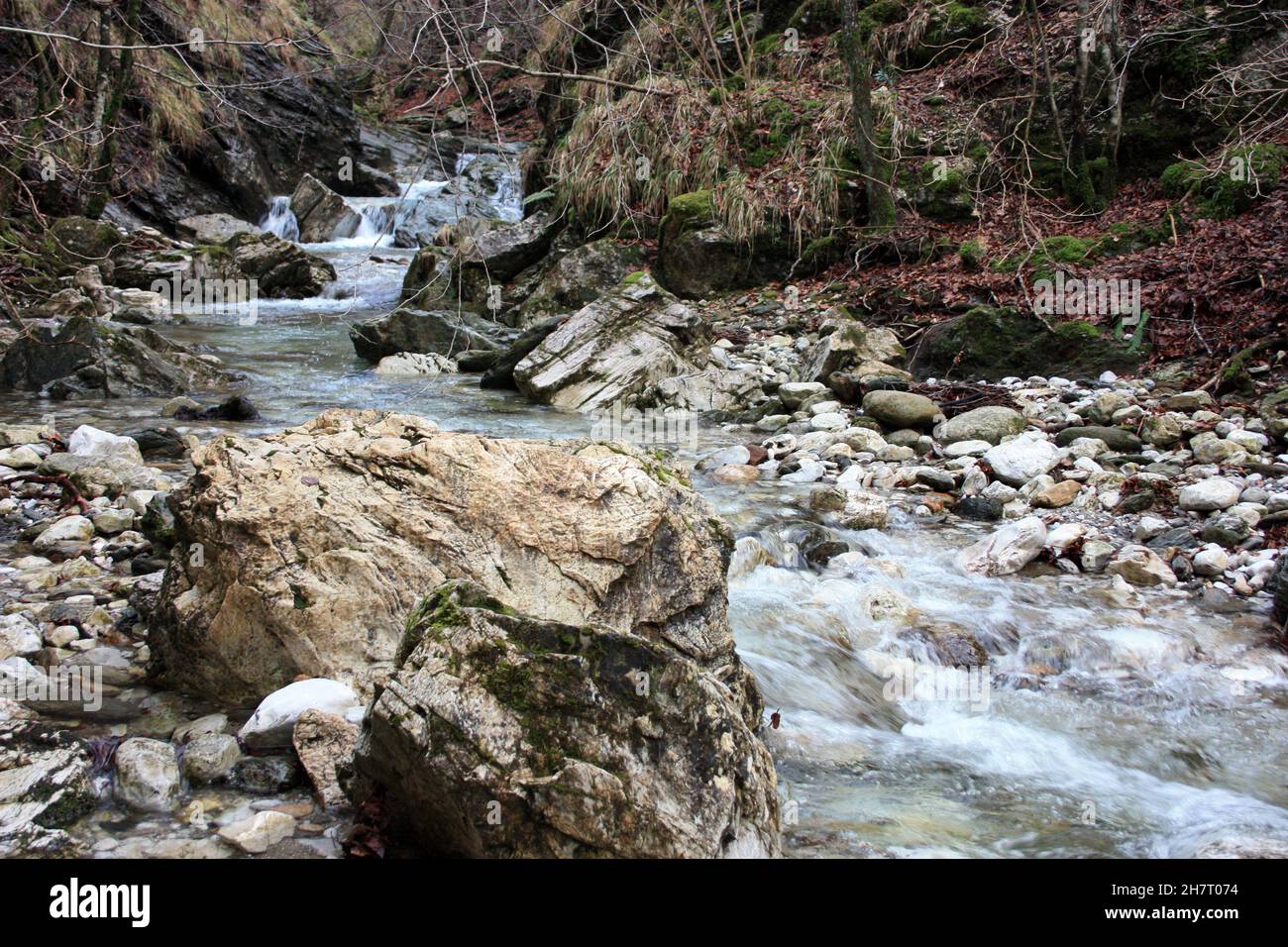 the flow of cold water in a stream between the rocks of an autumn ...