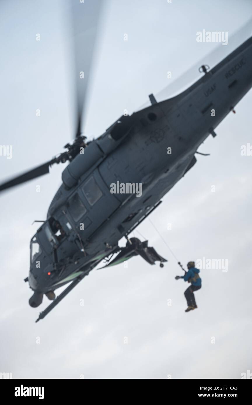 A U.S. Air Force pararescueman assigned to the 210th Rescue Squadron ...