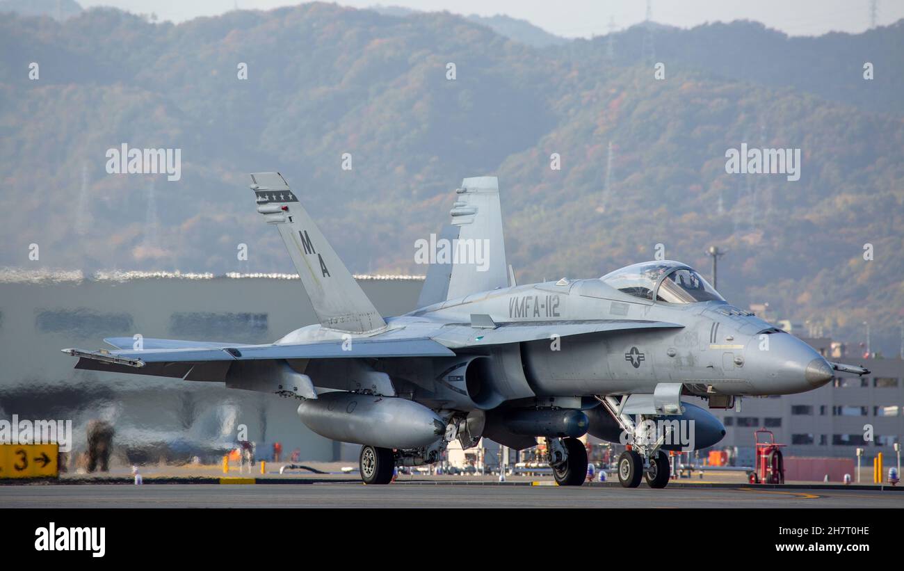 An F/A-18C Hornet aircraft with Marine Fighter Attack Squadron 112 taxis the flight line at ...