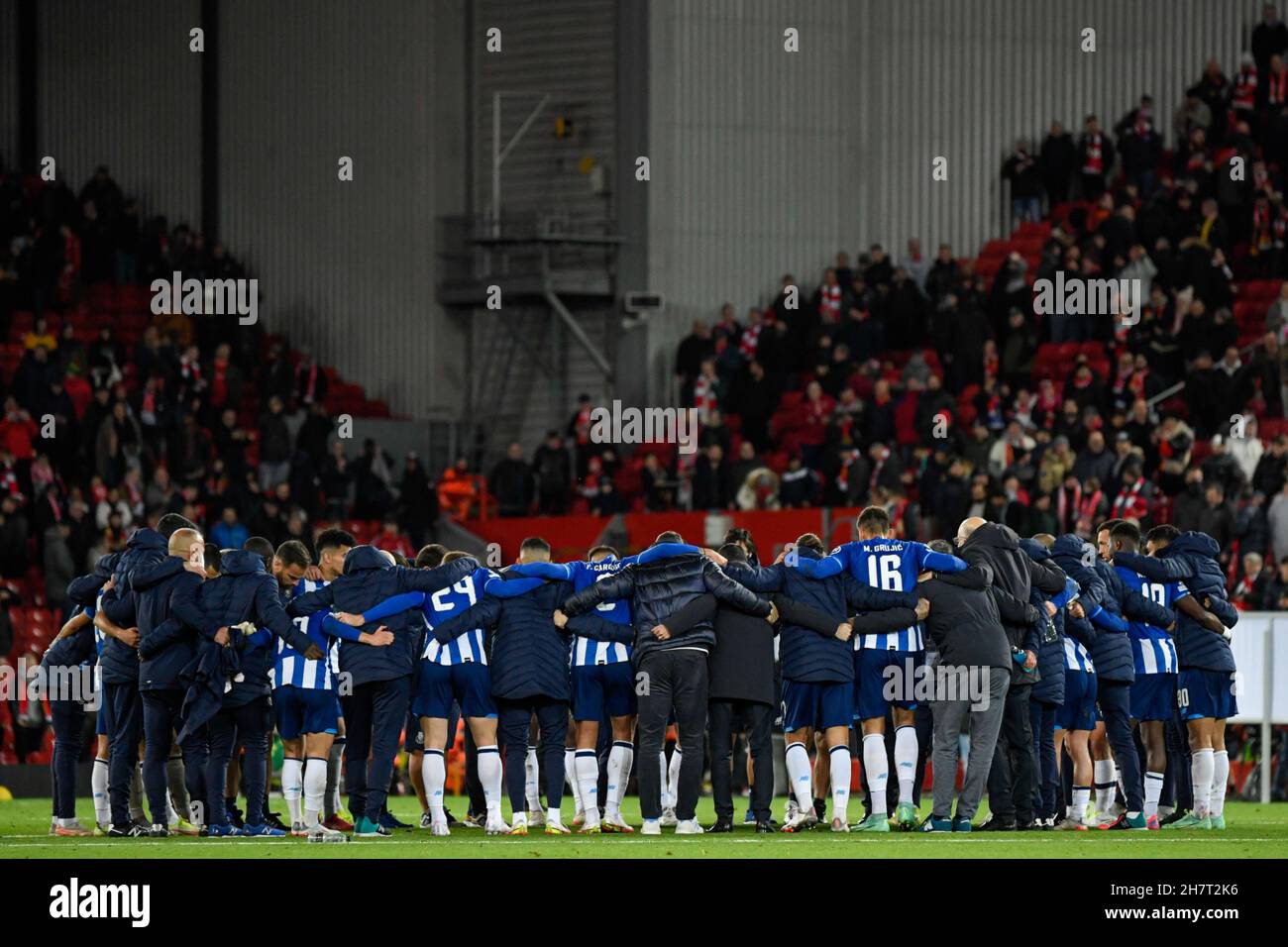 The FC Porto players form a huddle after the final whistle having lost ...