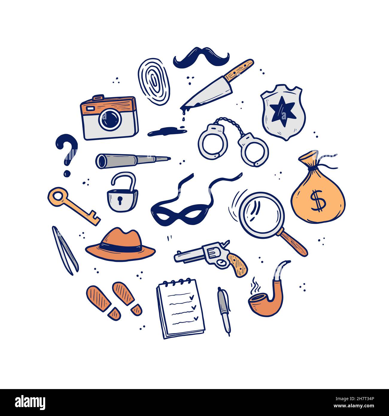 Detective doodle set. Hand drawn sketch doodle style. Footprint ...