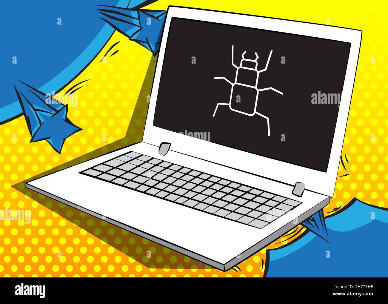Laptop with Computer virus sign on the screen. Vector cartoon ...