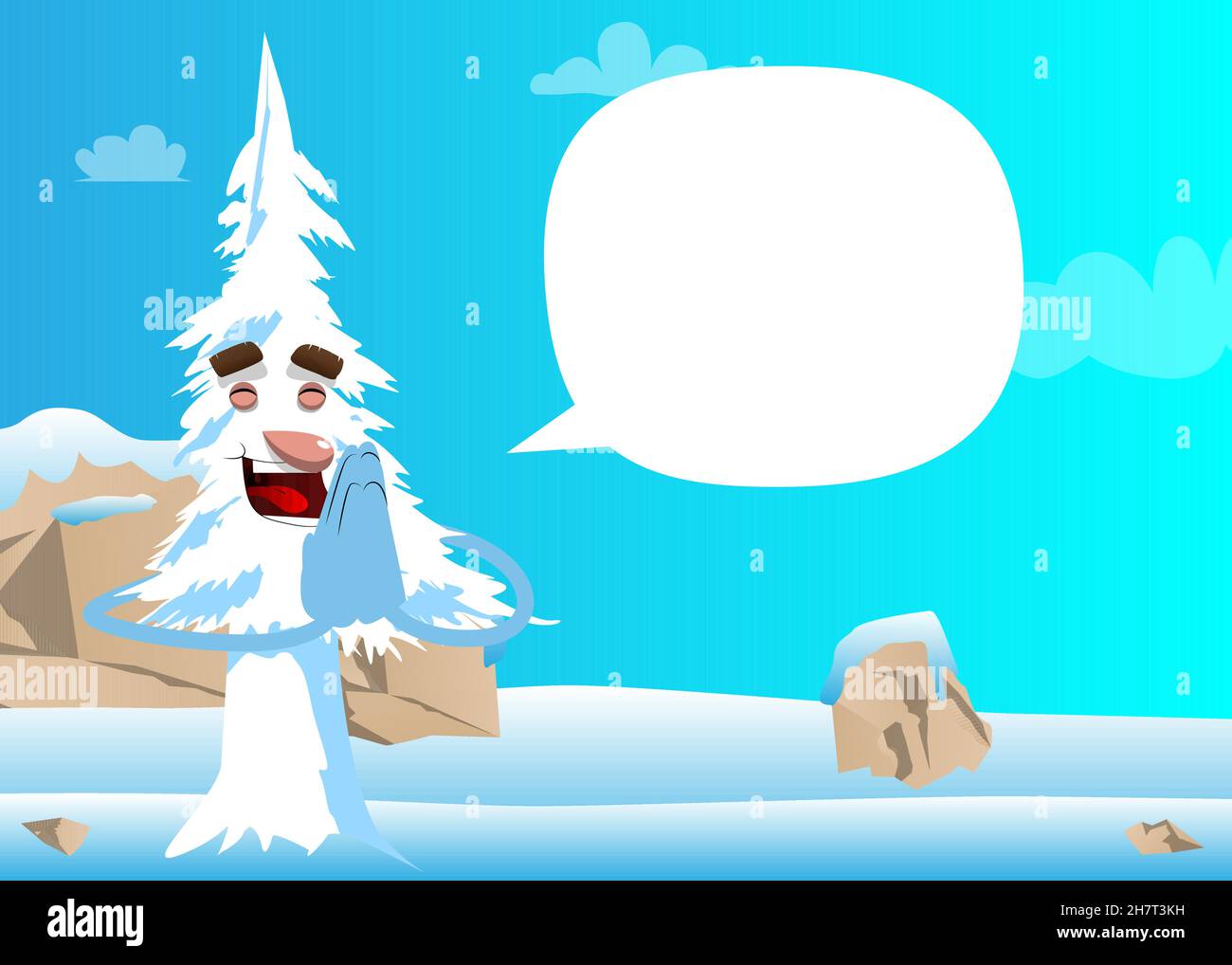 Cartoon winter pine trees with faces with praying hands. Cute forest ...