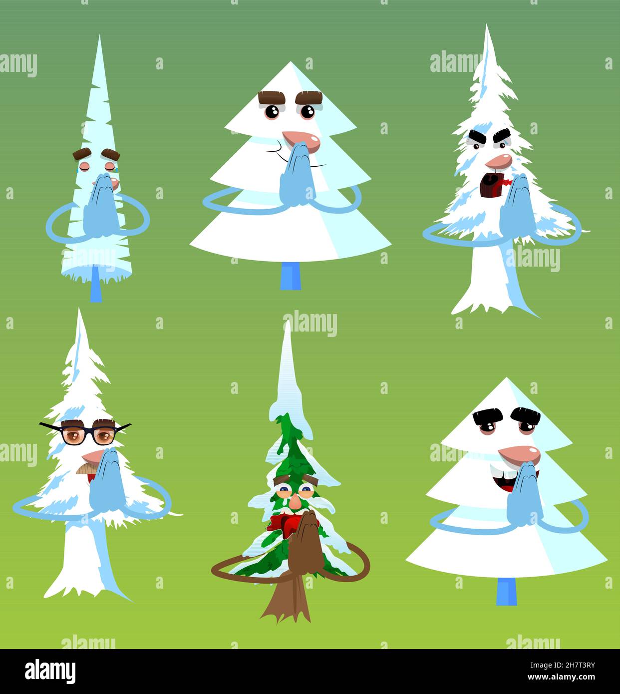 Cartoon winter pine trees with faces with praying hands. Cute forest ...