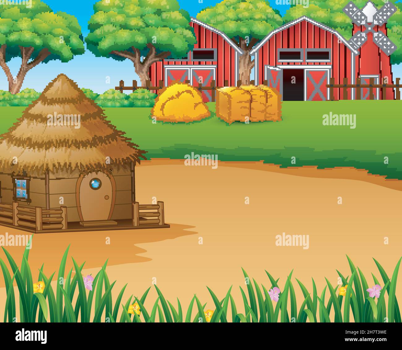 Farm landscape with shed,windmill and a hut Stock Vector Image & Art ...