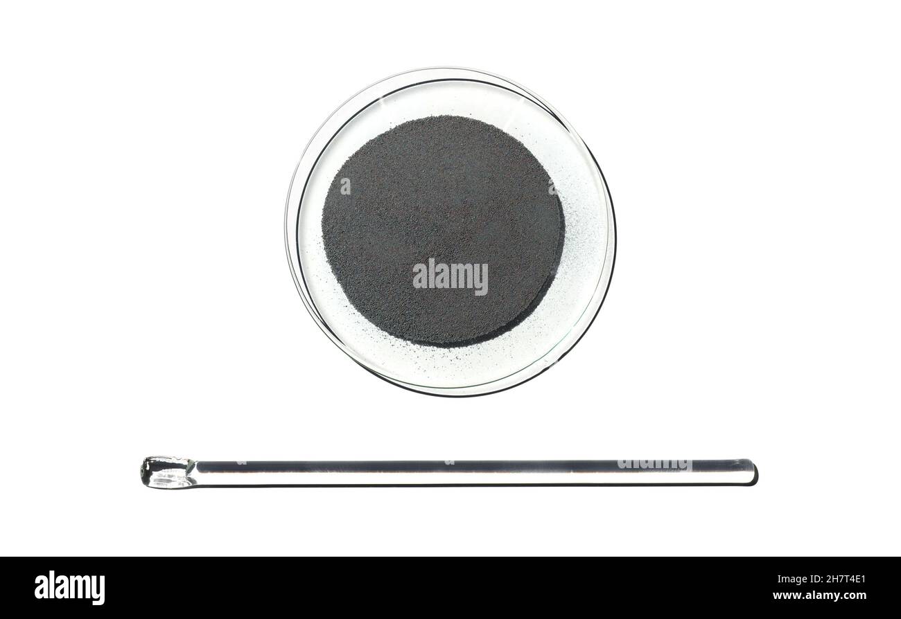 Zinc Powder in Chemical Watch Glass place next to stirring rod. Close ...