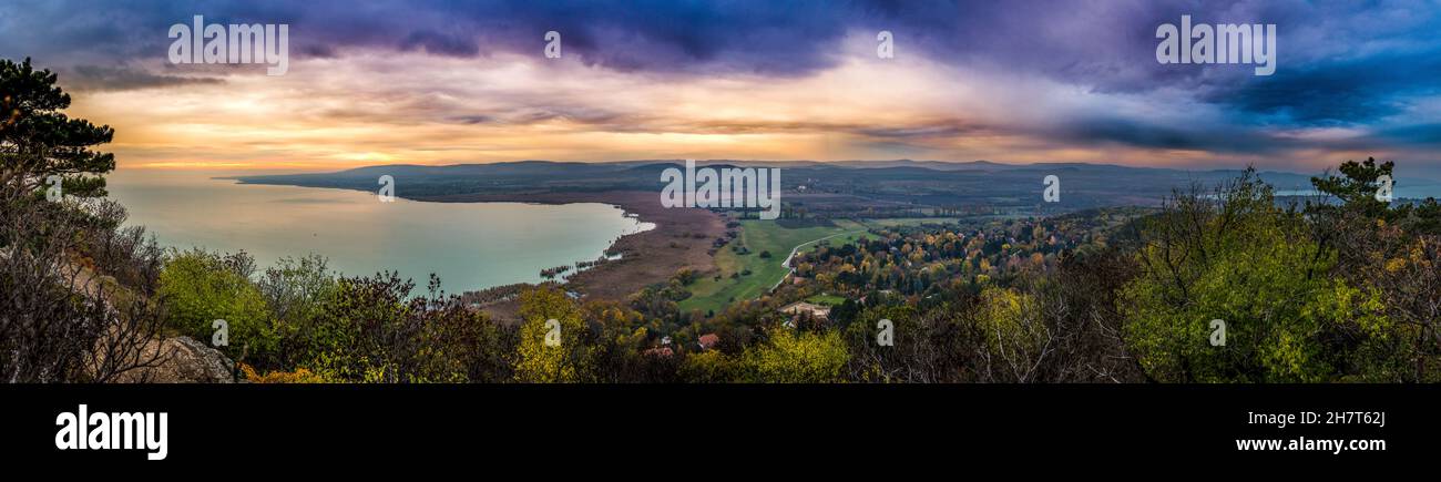 Panoramic view of a sunset at Lake Balaton in Tihany Abbey, Hungary ...