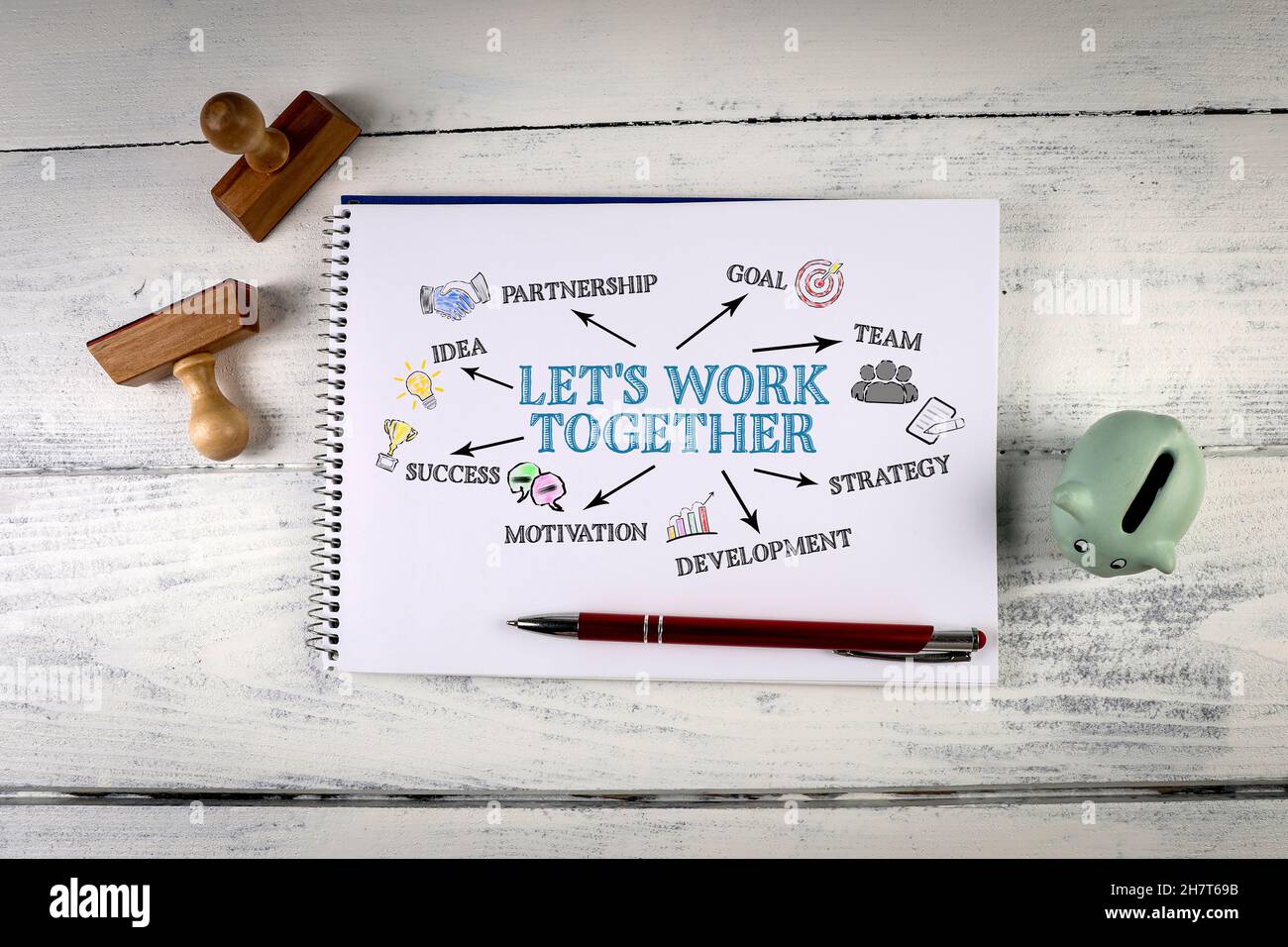 Let's work together. Notebook on a white wooden office desk Stock Photo ...