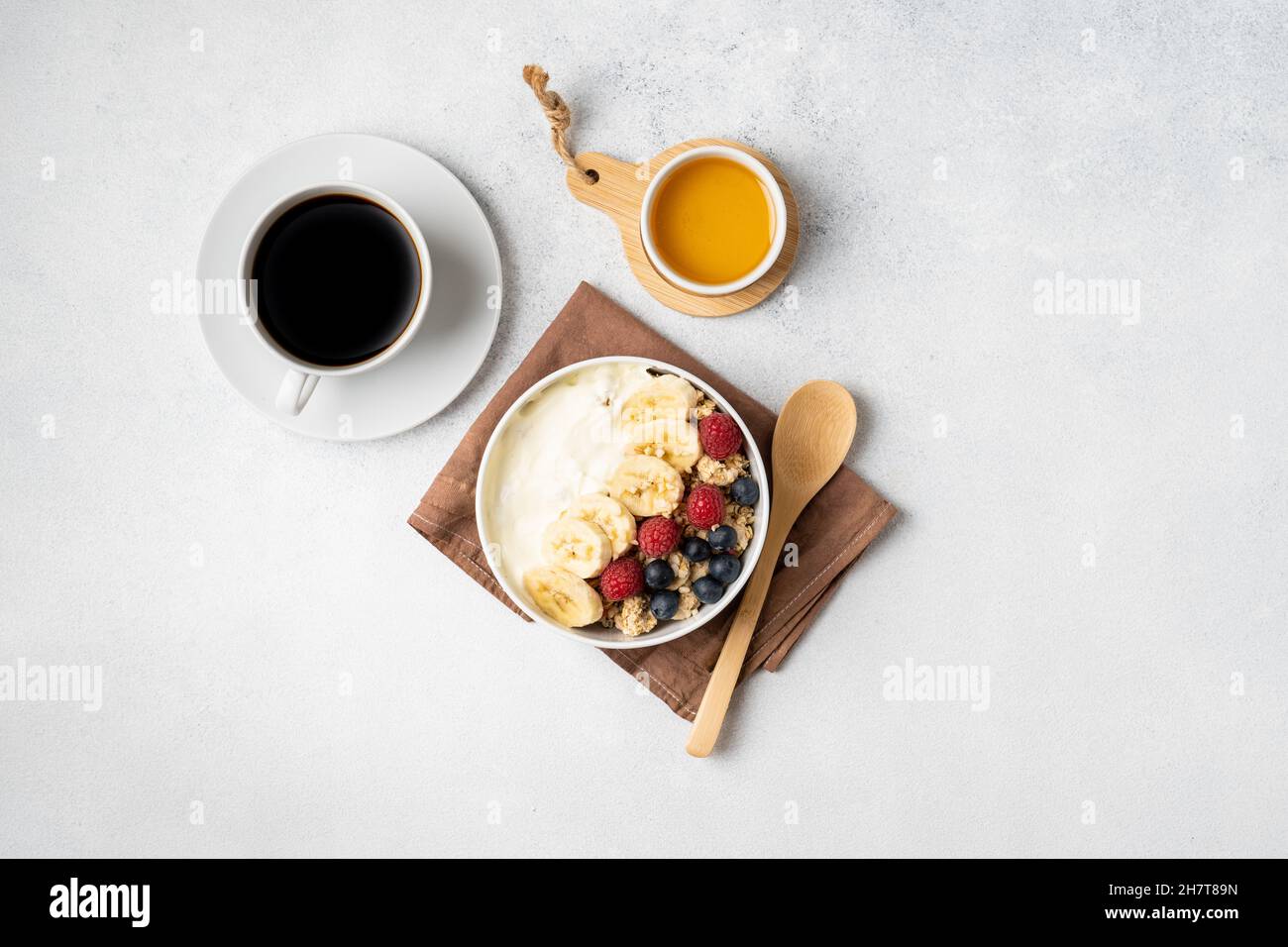 Morning served breakfast set: pancakes, porridge, cottage cheese ...