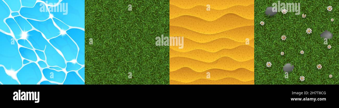 Game textures of water, green lawn, sand and grass meadow with flowers ...