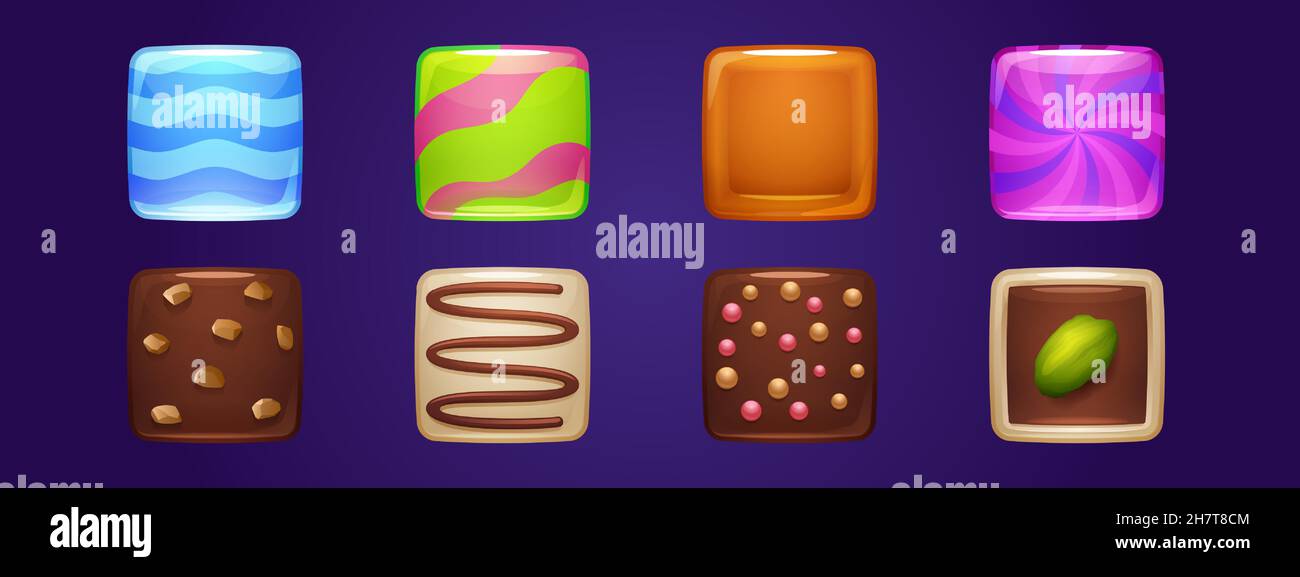 Square buttons with texture of chocolate and hard sugar candies. Vector ...