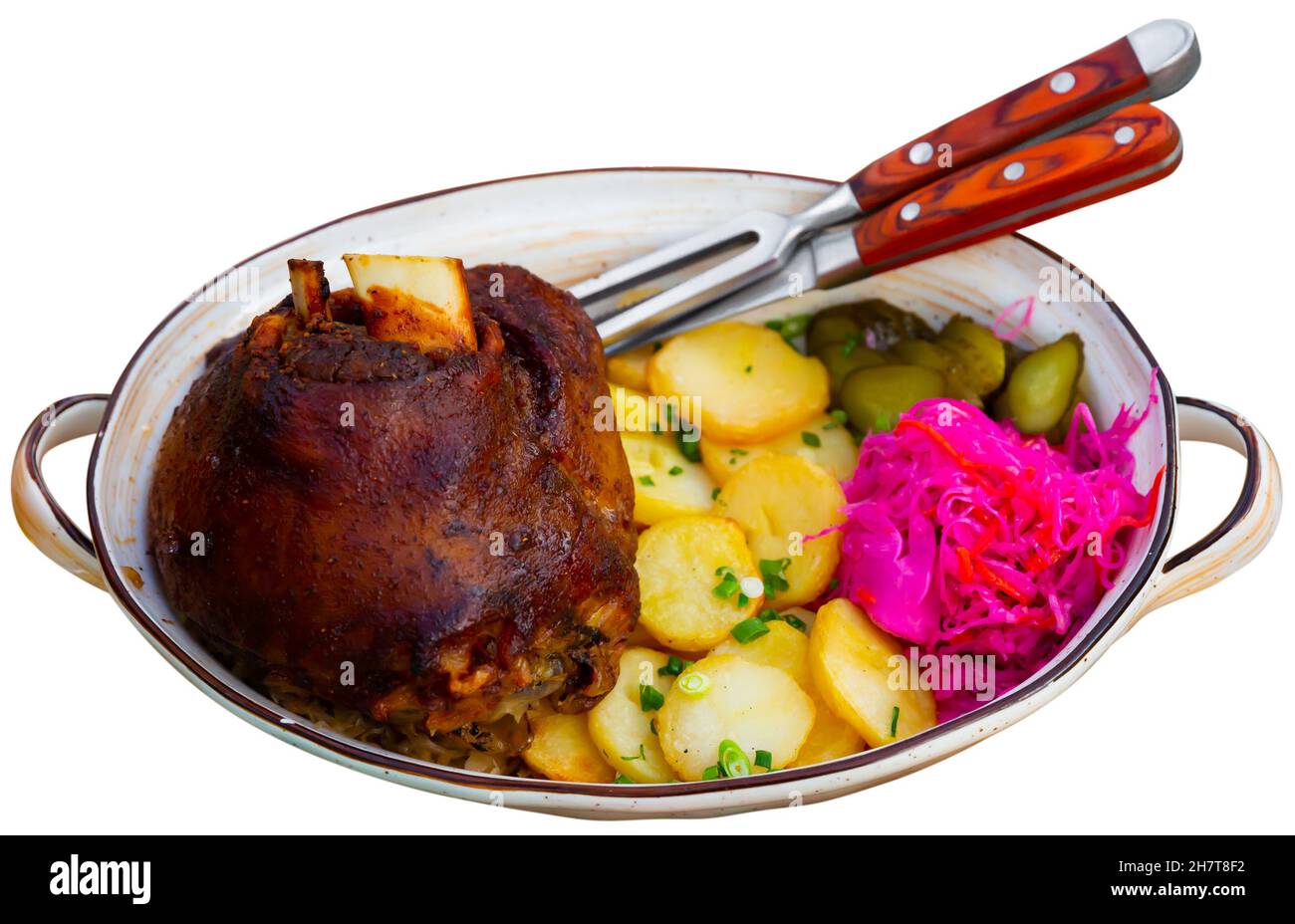 German ham hock with potato on white Stock Photo - Alamy