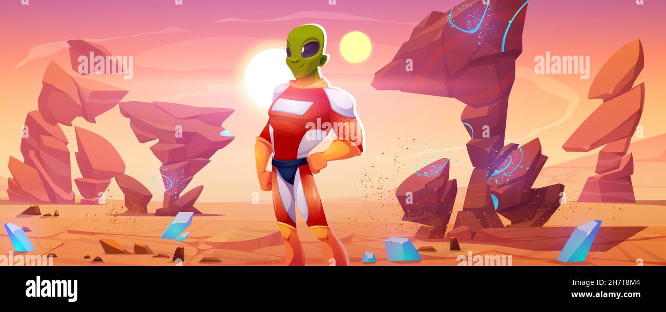 Alien character in spacesuit on Mars surface. Vector cartoon ...