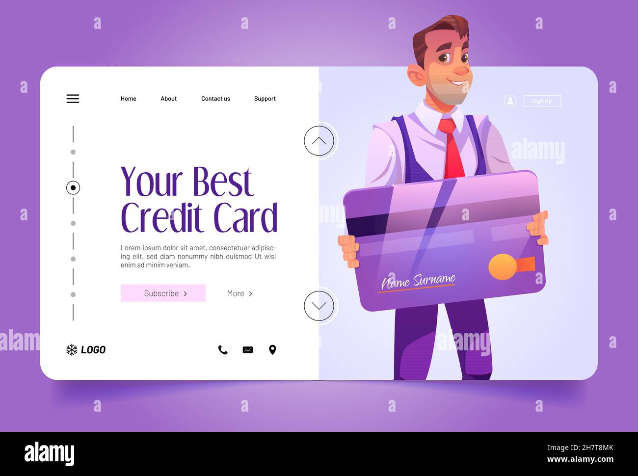 Your best credit card cartoon landing page. Banker male character ...