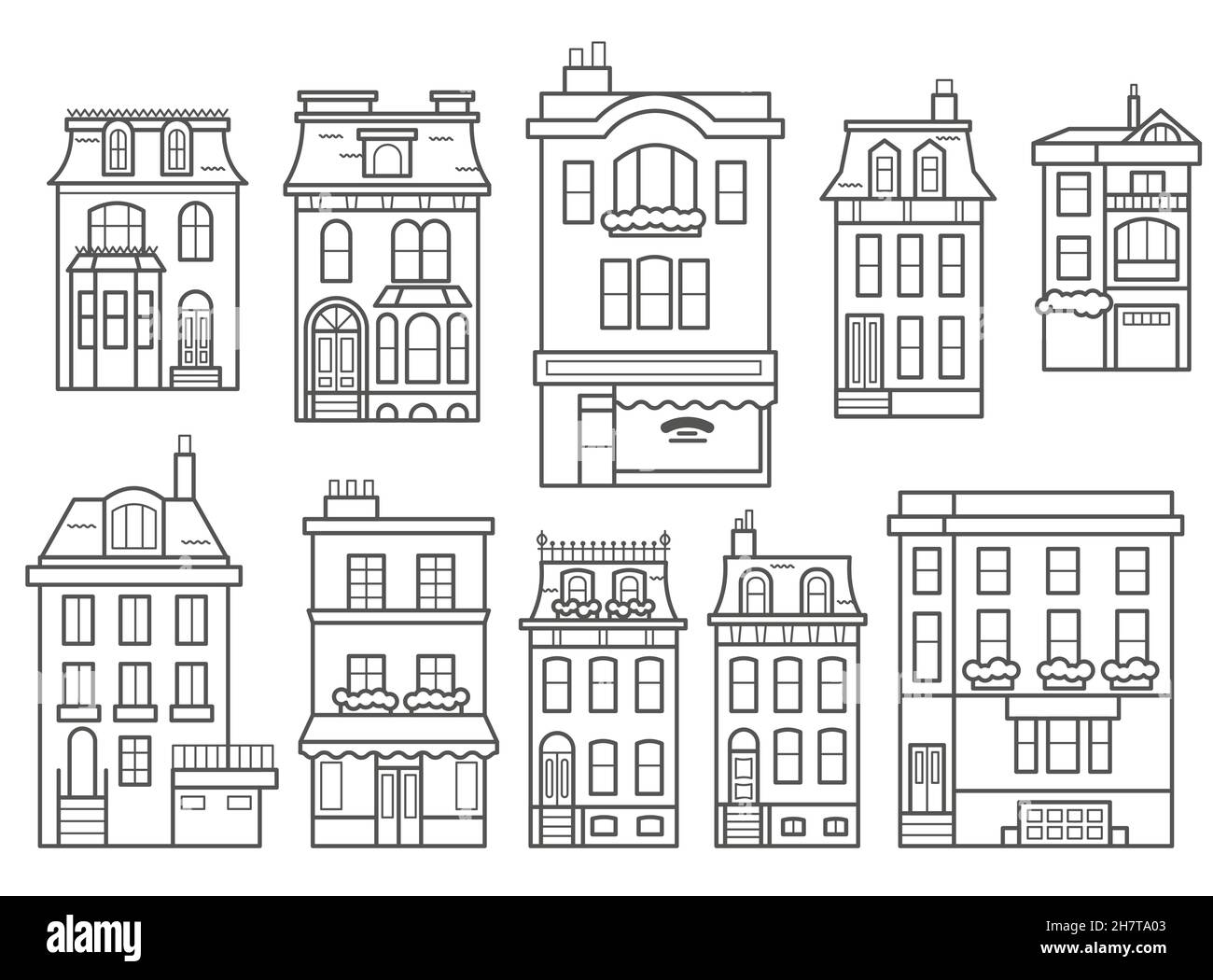 European buildings skyline. Linear cityscape with various row houses ...