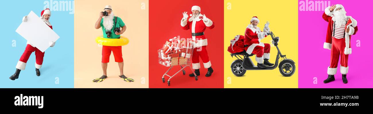 Set of different Santa Clauses on color background Stock Photo - Alamy