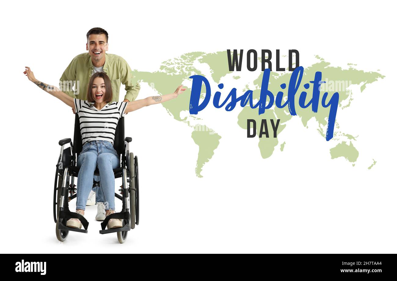 Happy young woman in wheelchair and her husband on white background ...