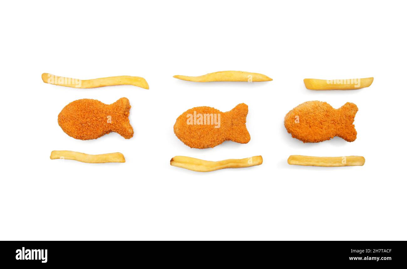 Tasty fish nuggets with french fries on white background Stock Photo ...