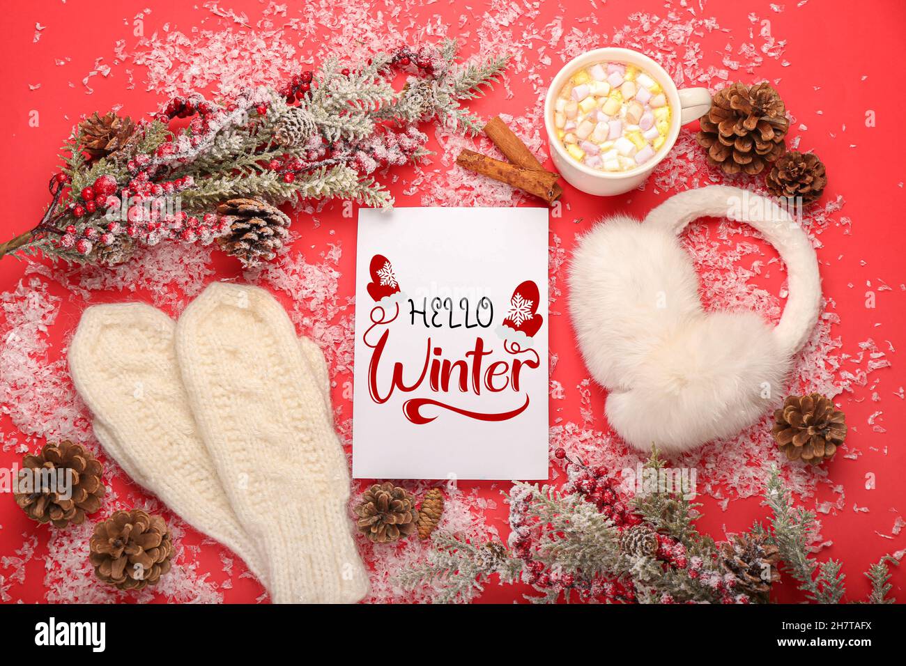 Beautiful greeting card with cup of cacao, mittens and ear warmers ...