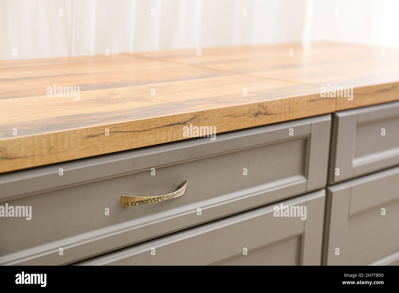 Grey wooden counter in modern kitchen, closeup Stock Photo - Alamy