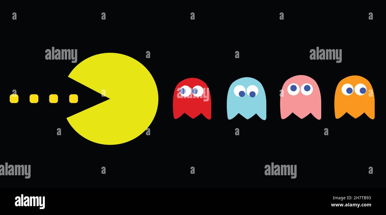 Pac-Man game theme vector illustration. Retro computer game with Pac ...