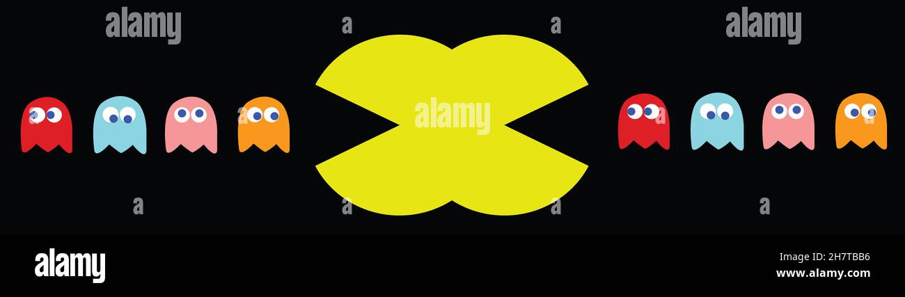 Dual Pac-Man illistration. Retro computer game with Pac-Man, Pinky ...