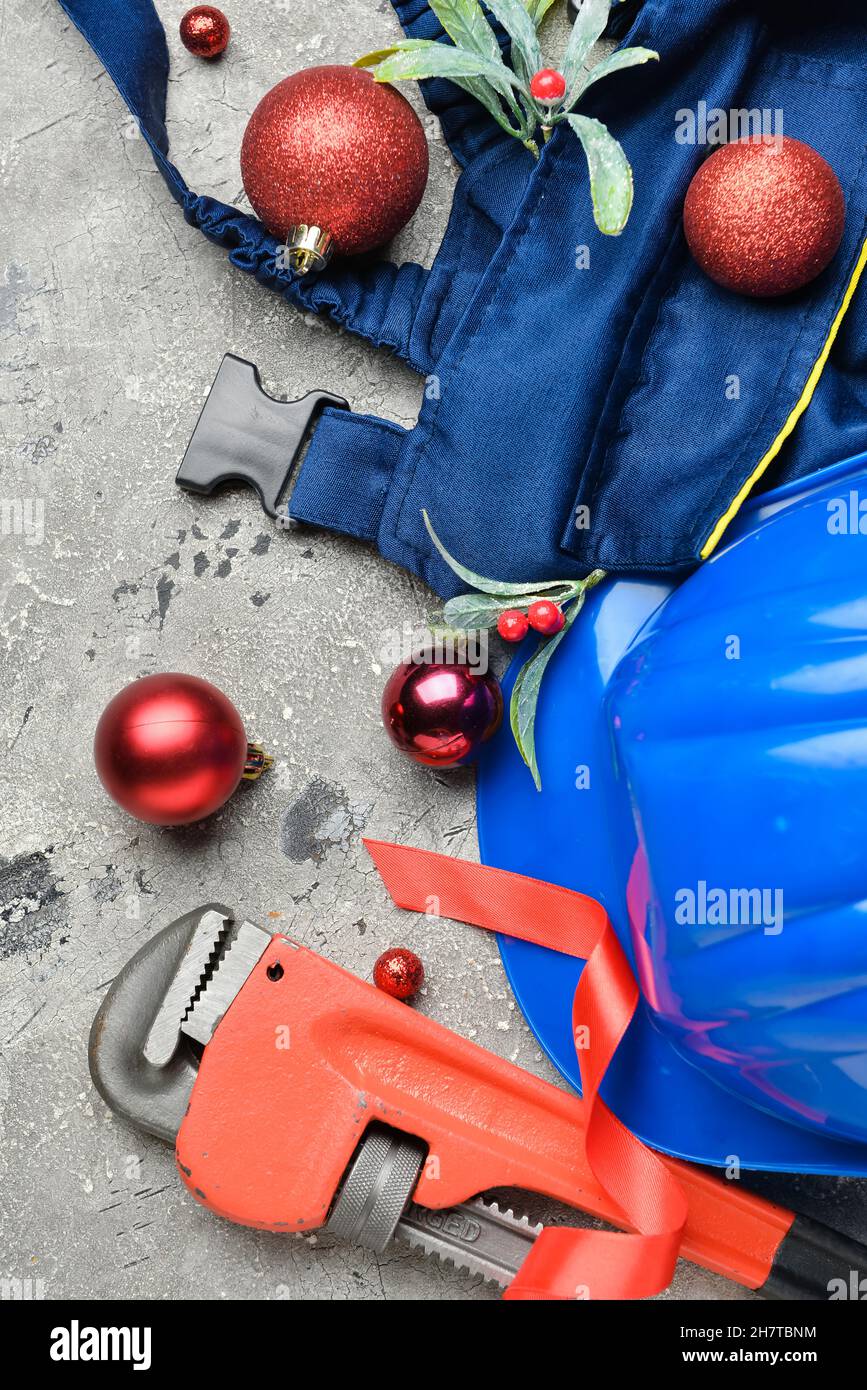 Set of construction tools and Christmas decor on grey background Stock ...