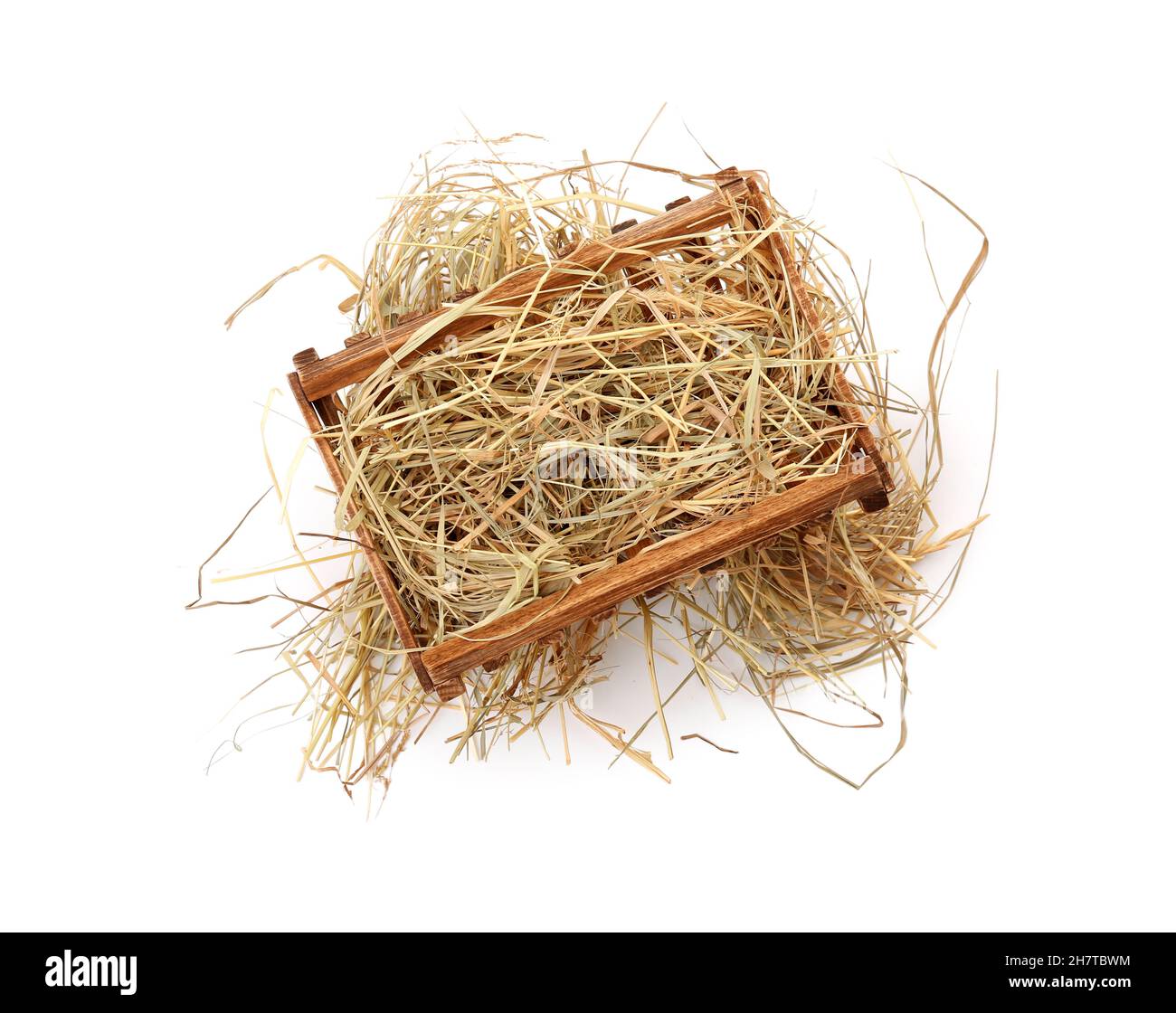 Wooden manger with hay on white background Stock Photo - Alamy