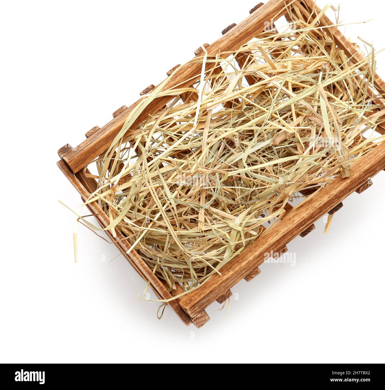 Wooden manger with hay on white background Stock Photo - Alamy