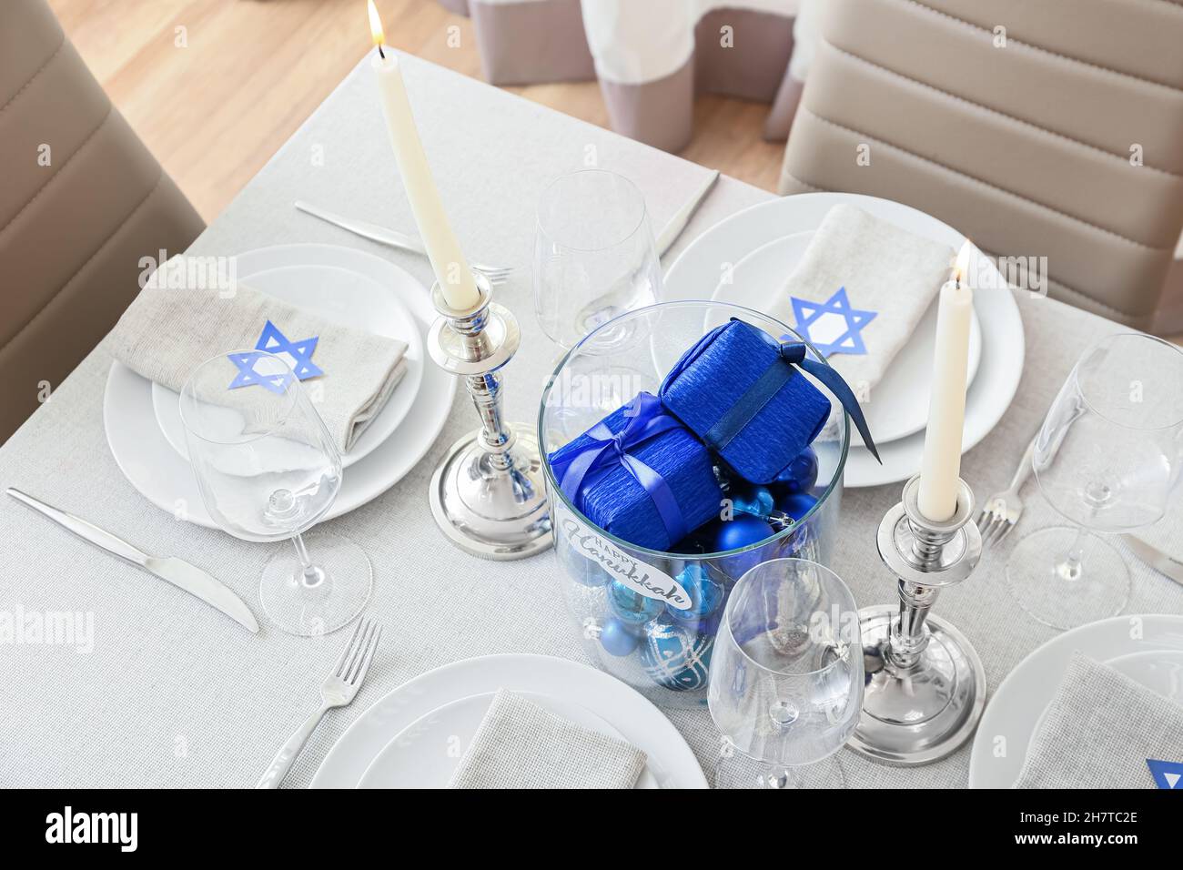 Beautiful table setting for Hanukkah celebration in dining room Stock ...