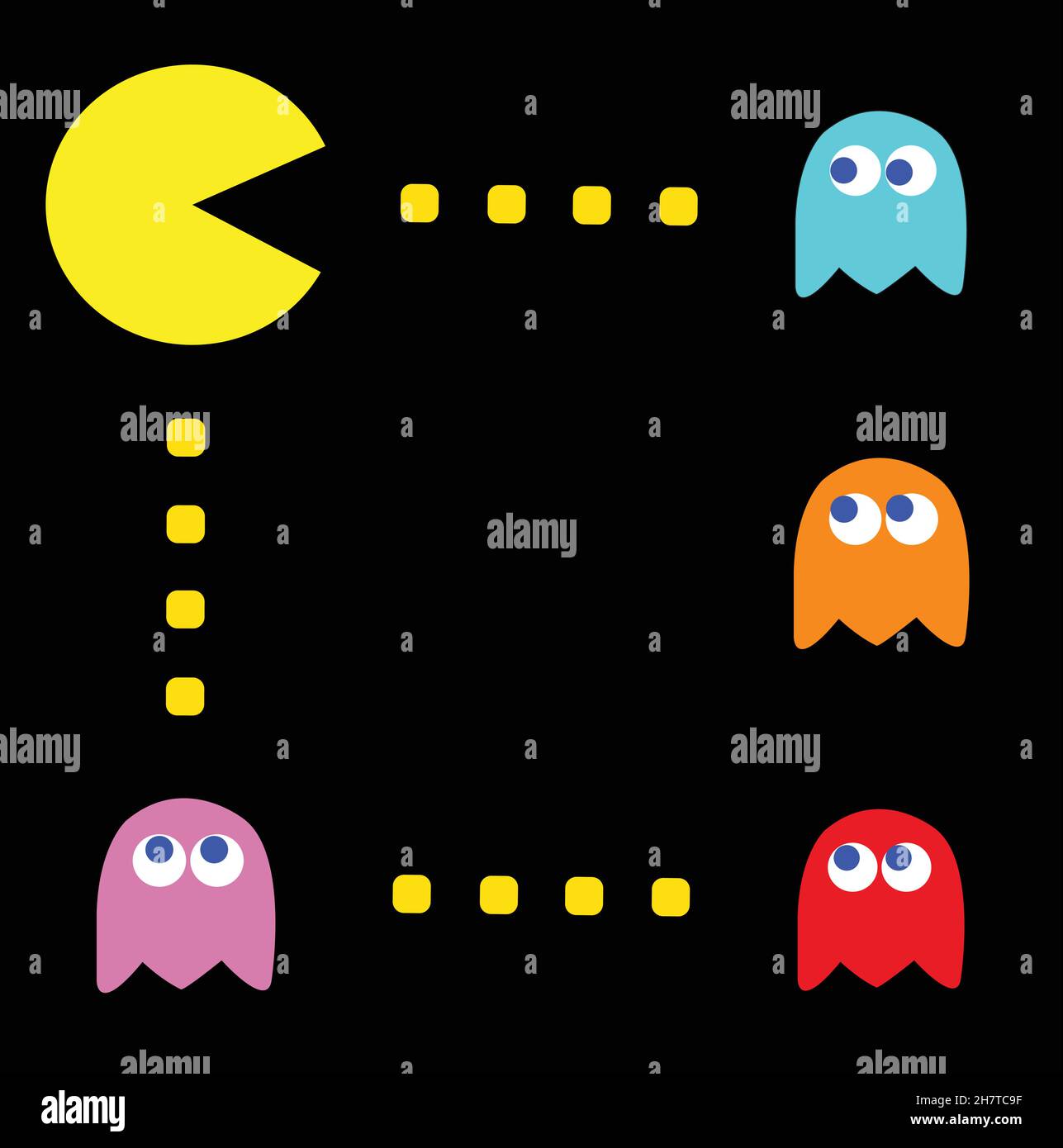 Pac-Man with his enemies vintage computer game theme, vector ...