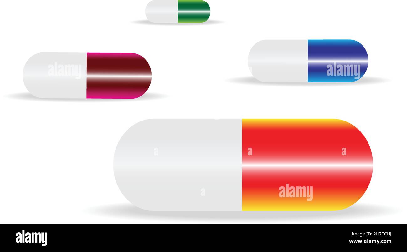 Colored pills and drugs isolated over white background, medical pill ...