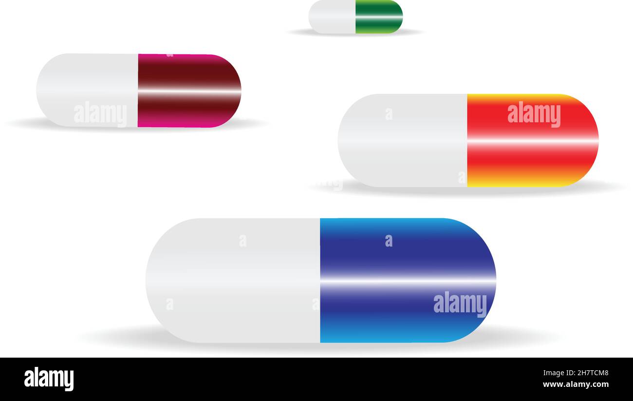 Colored pills and drugs isolated over white background, medical pill ...