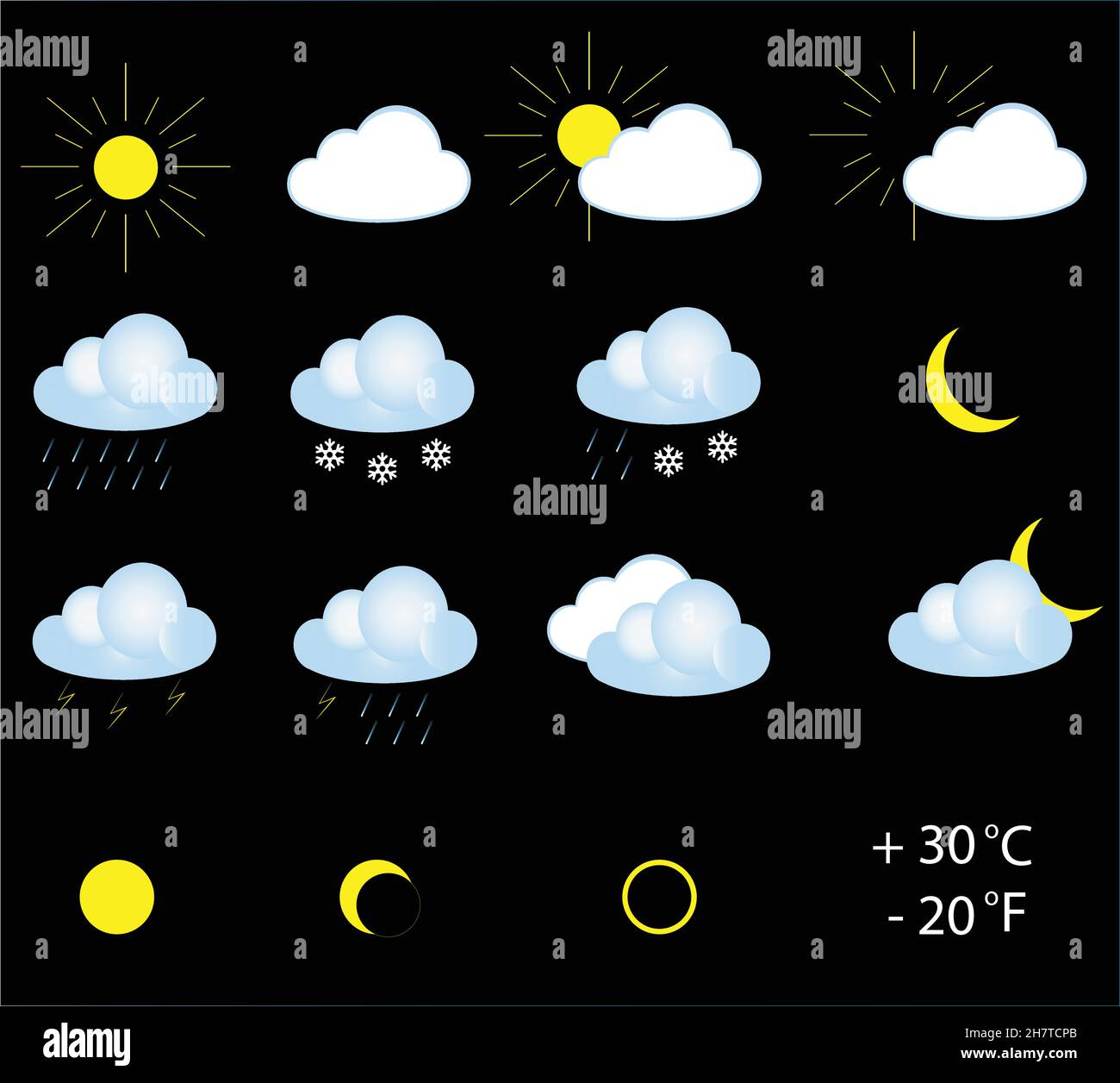 Weather icons isolated over black background, vector illustration ...