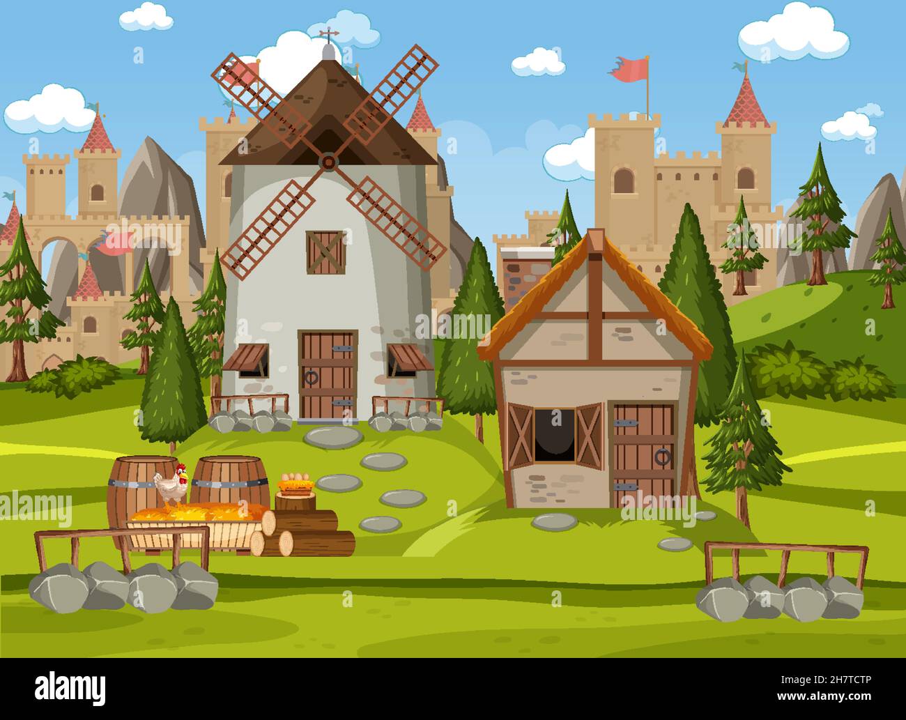 Medieval town scene with windmill and barn illustration Stock Vector ...