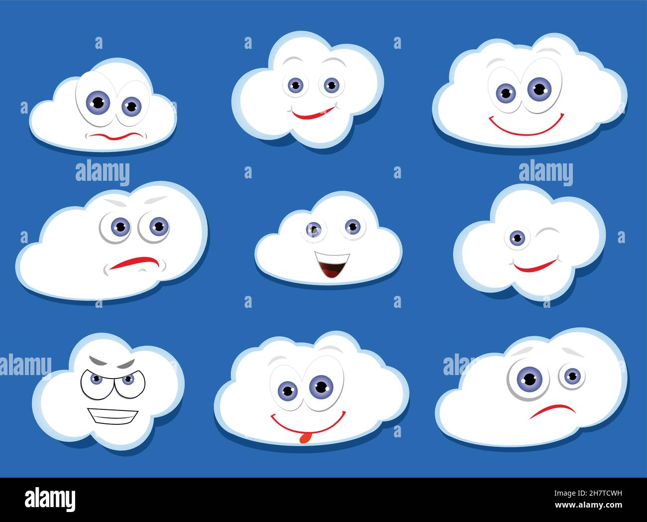 White vector clouds with cartoon emotional faces: smiling, disappointed ...