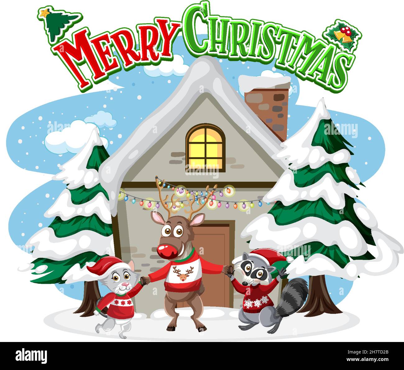 Merry Christmas text logo with winter house and decorations ...