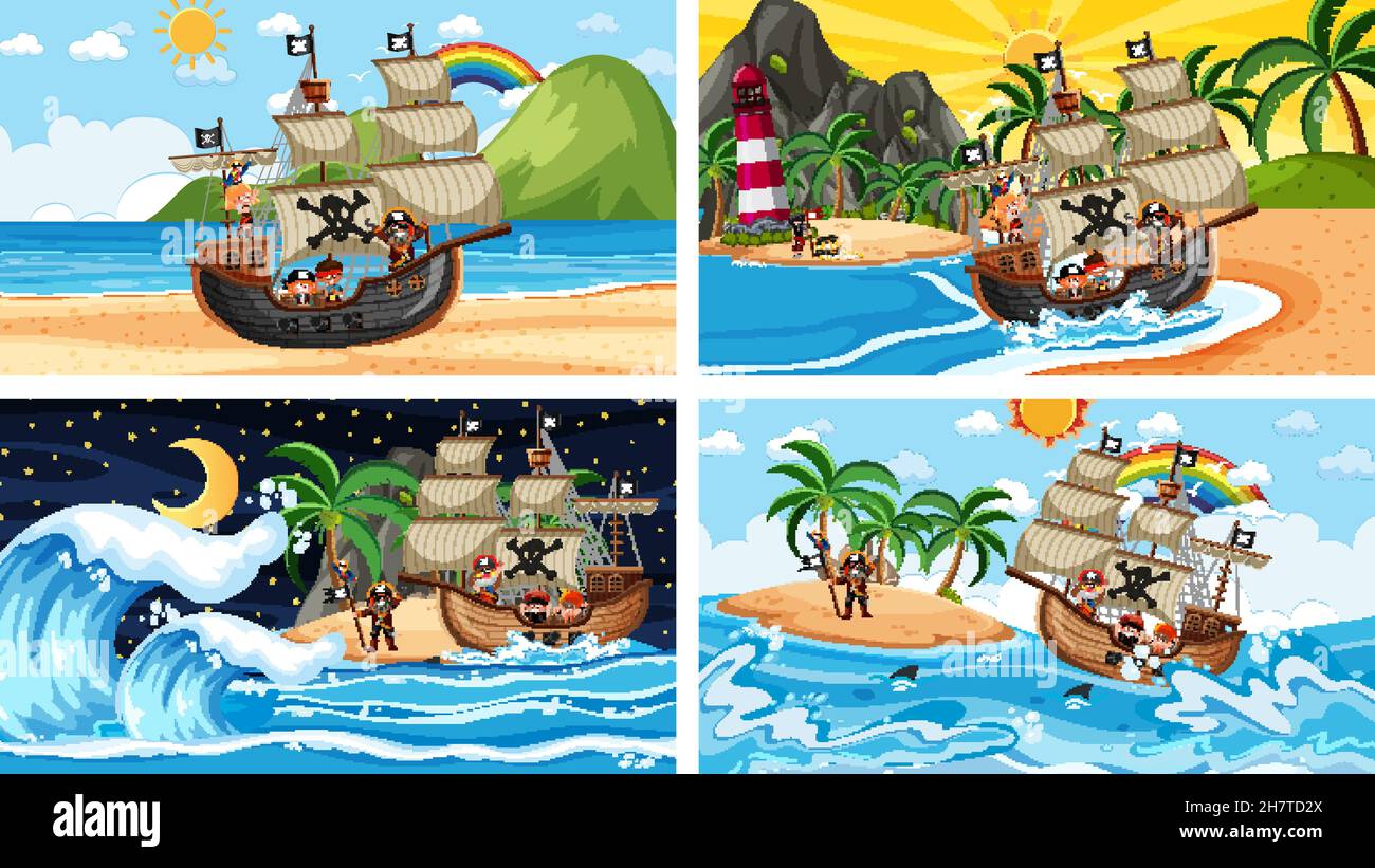 Set of different beach scenes with pirate ship illustration Stock ...
