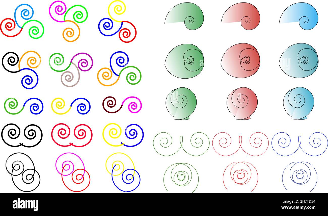 Various spiral shapes vector illustration: simple colored and gradient ...