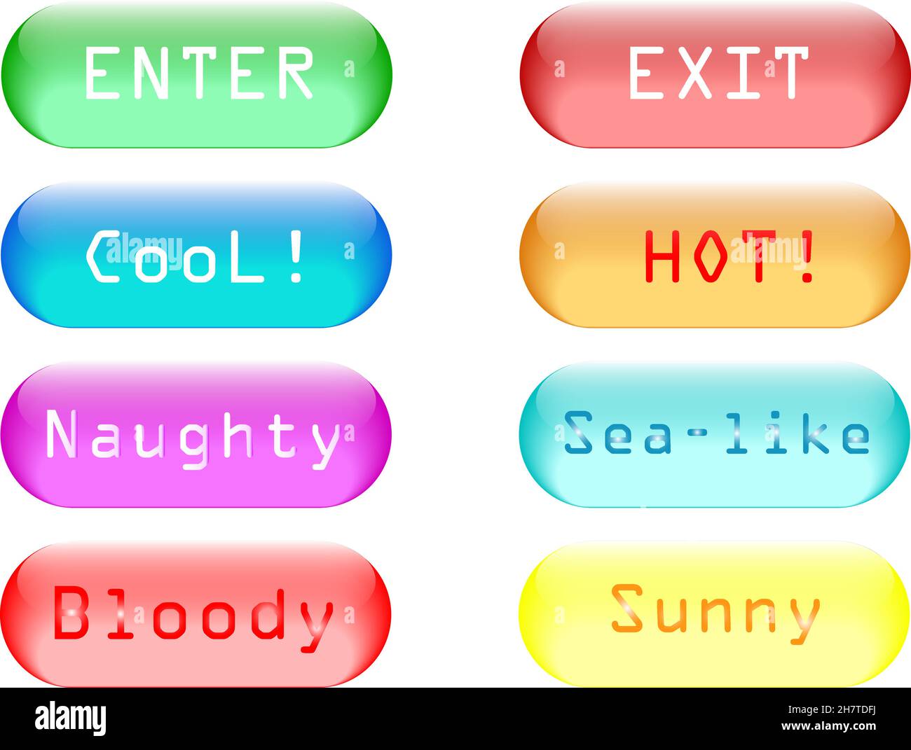 Colored glass and gel web buttons with common text messages, vector ...