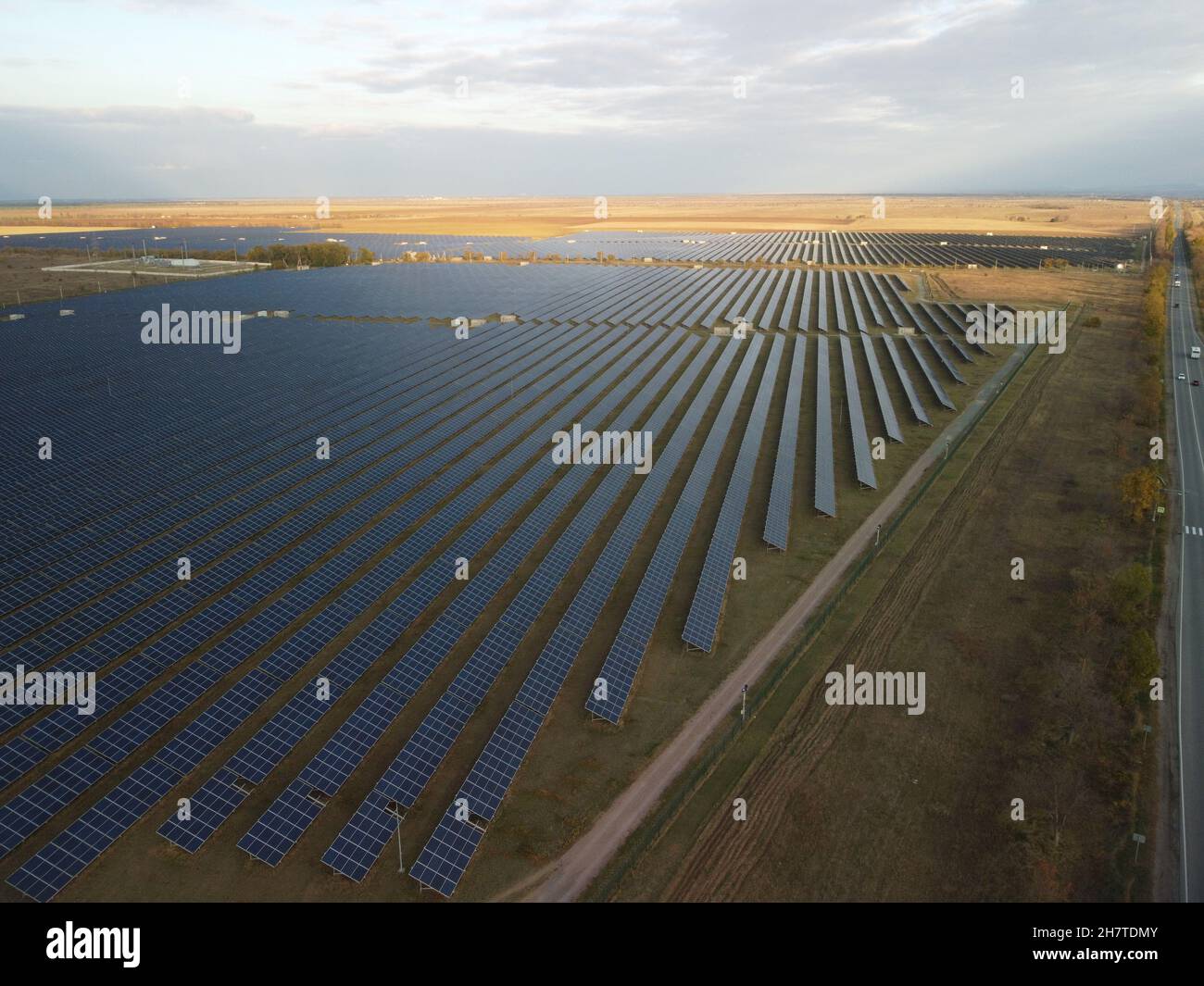 Aerial top view of a solar panels power plant. Photovoltaic solar ...