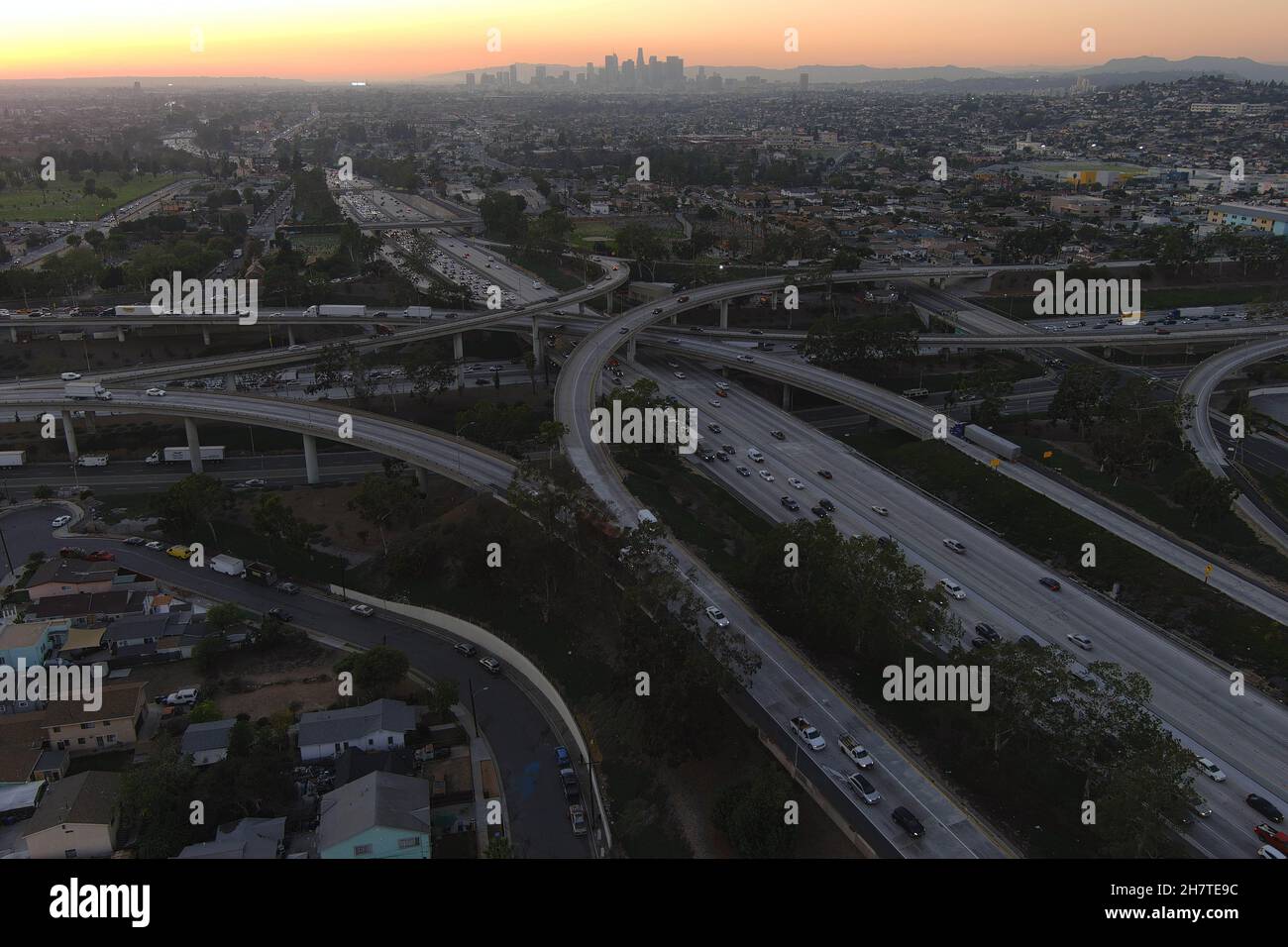 An aerial view of traffic on the California State Route 60 and ...